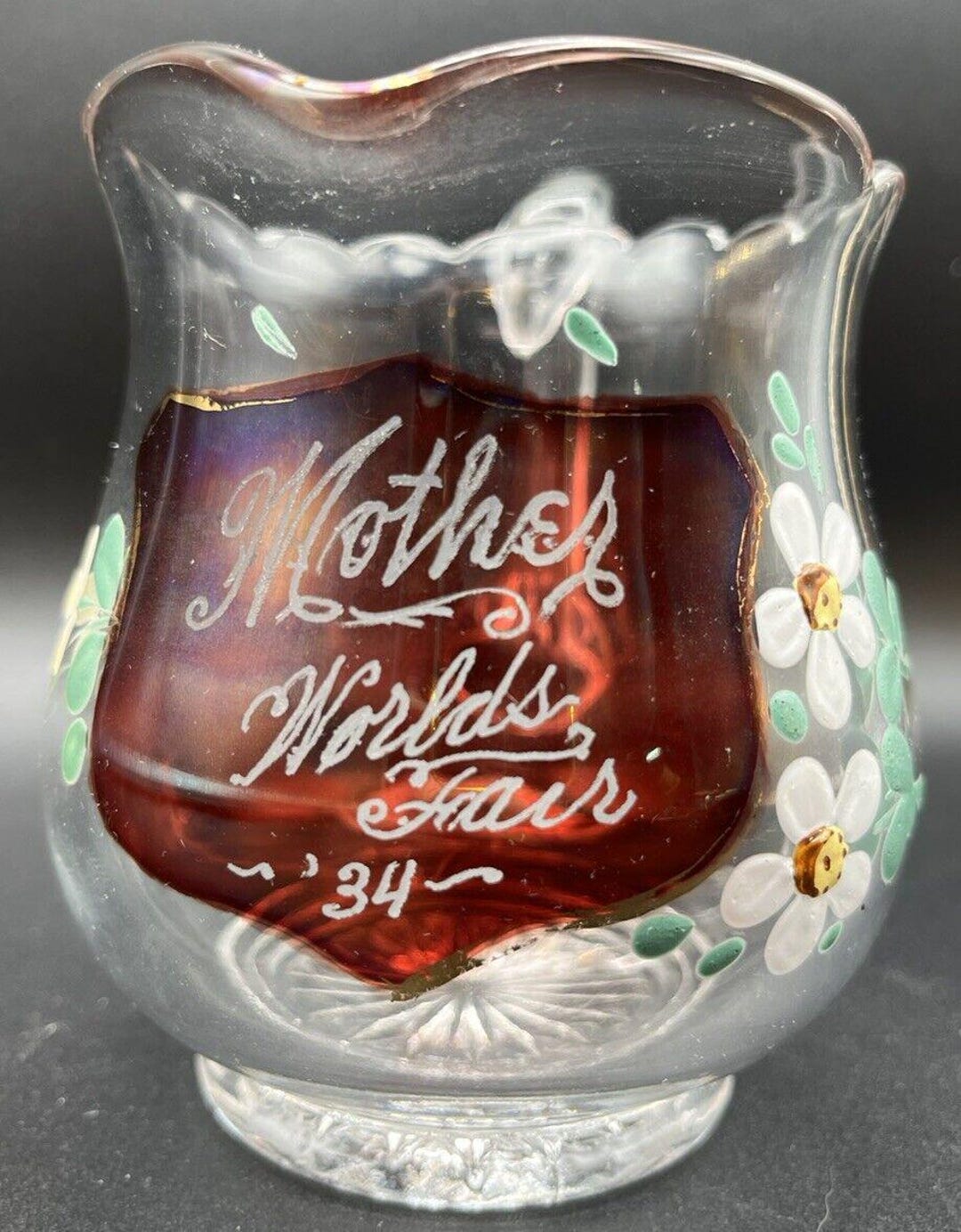 1934 Worlds Fair Mother Ruby Red Flash Hand Painted Clear Pressed Glass ...