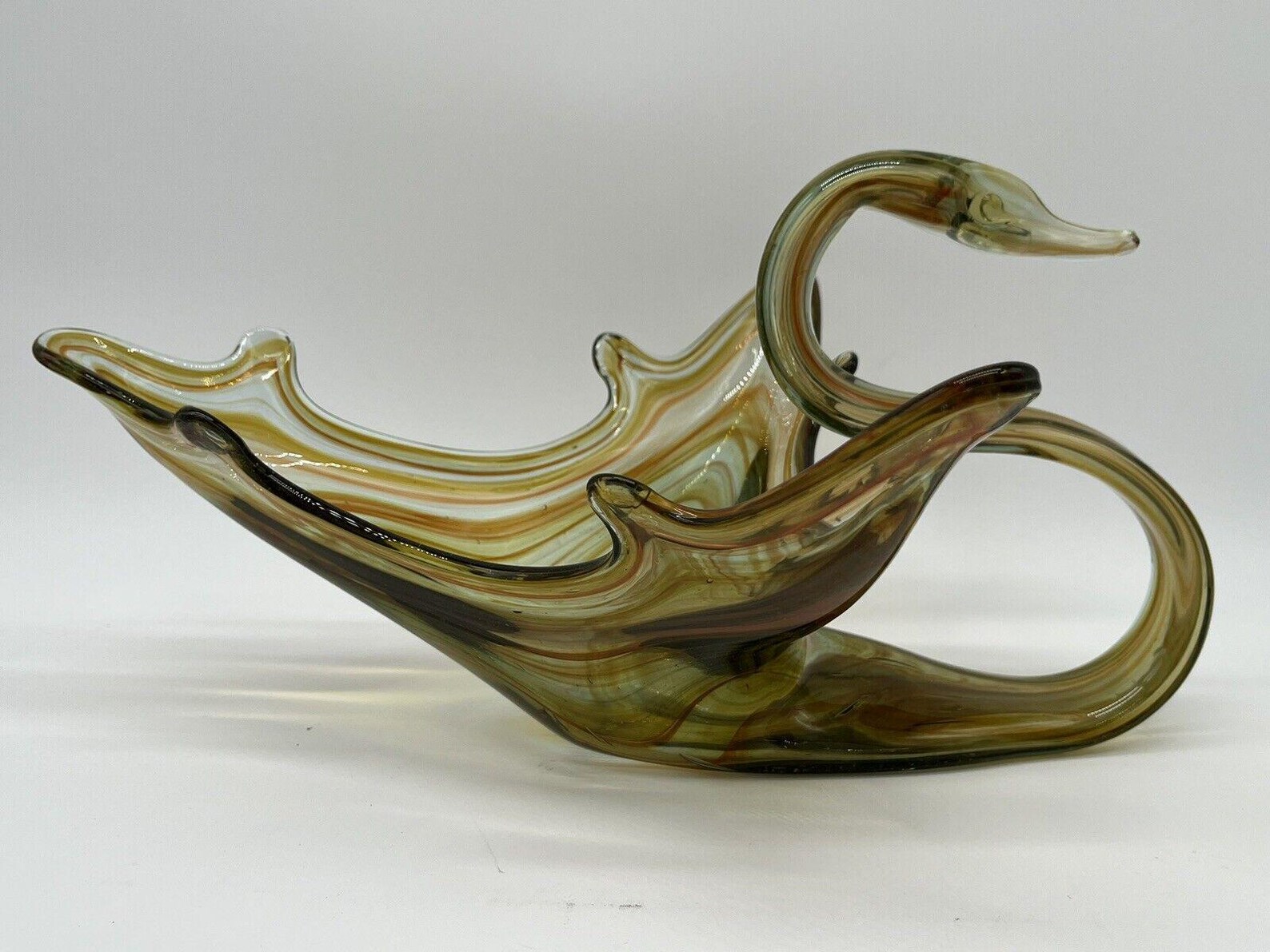 13” Long Hand Blown Sooner Slag Glass Swan Traingular Planter Vase - Etsy