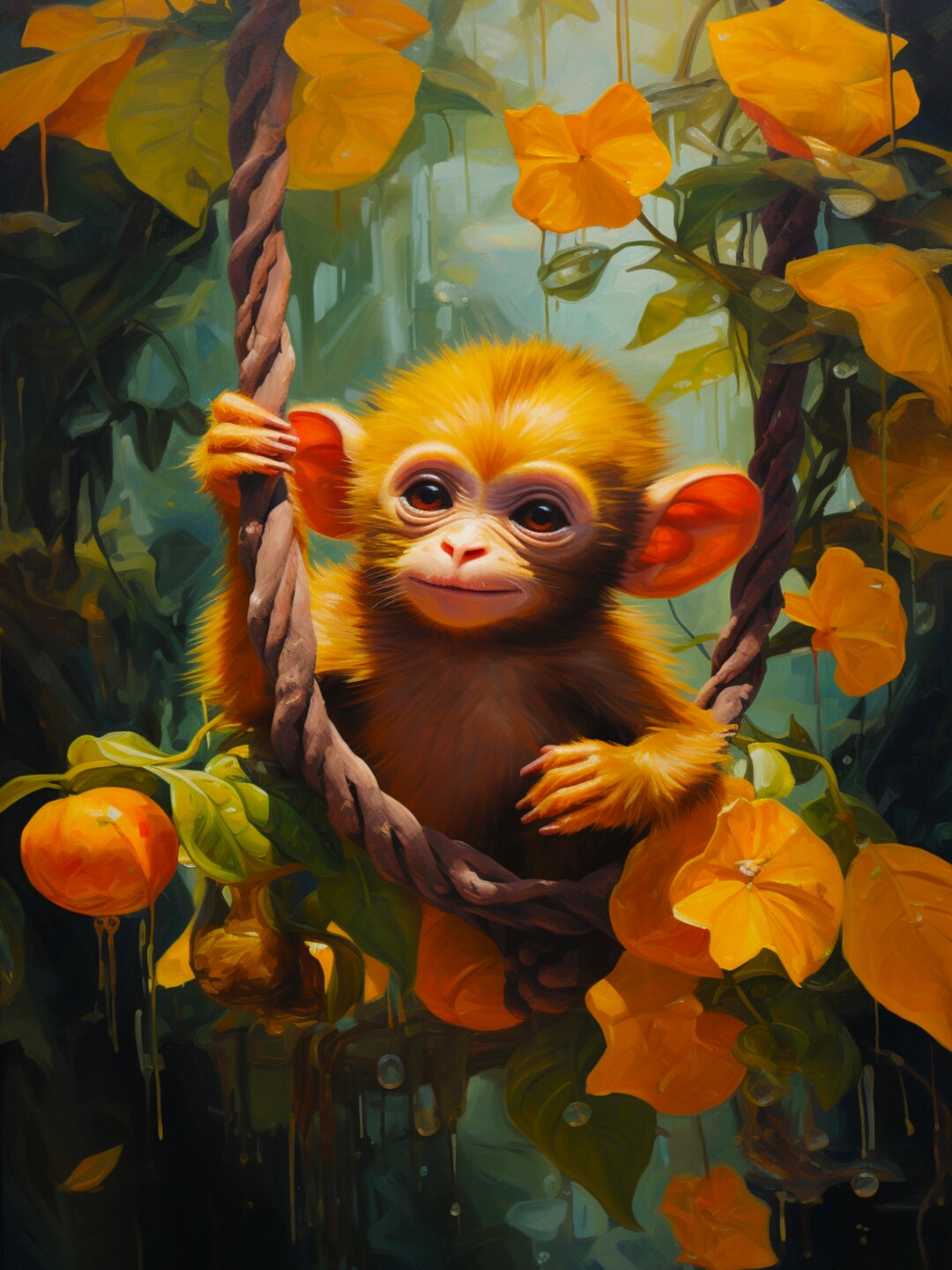 Cute Adorable Baby Monkey Poster Funny Animal Vintage Wall Art Orange ...