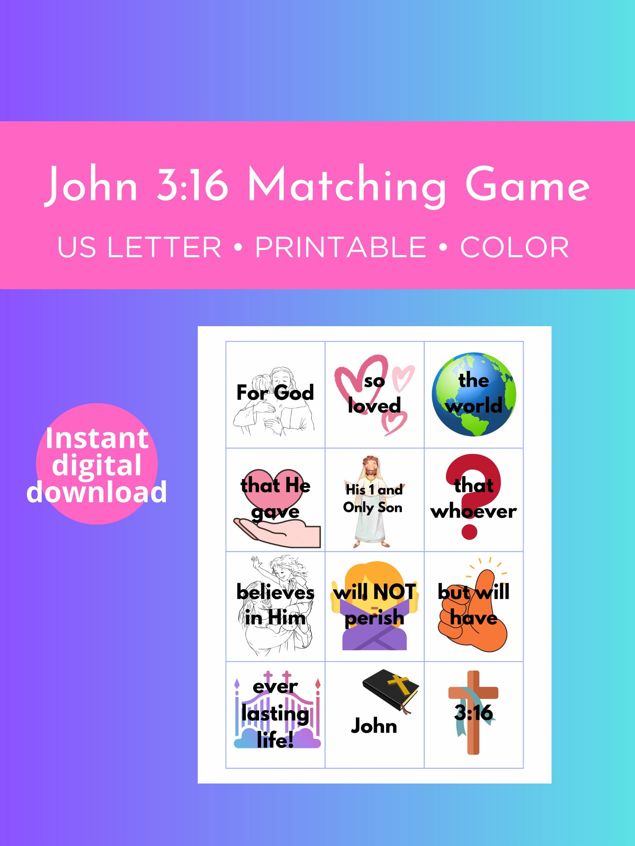 Matching Bible Game| John 3 16| Matching Game | Bible Verse Game ...