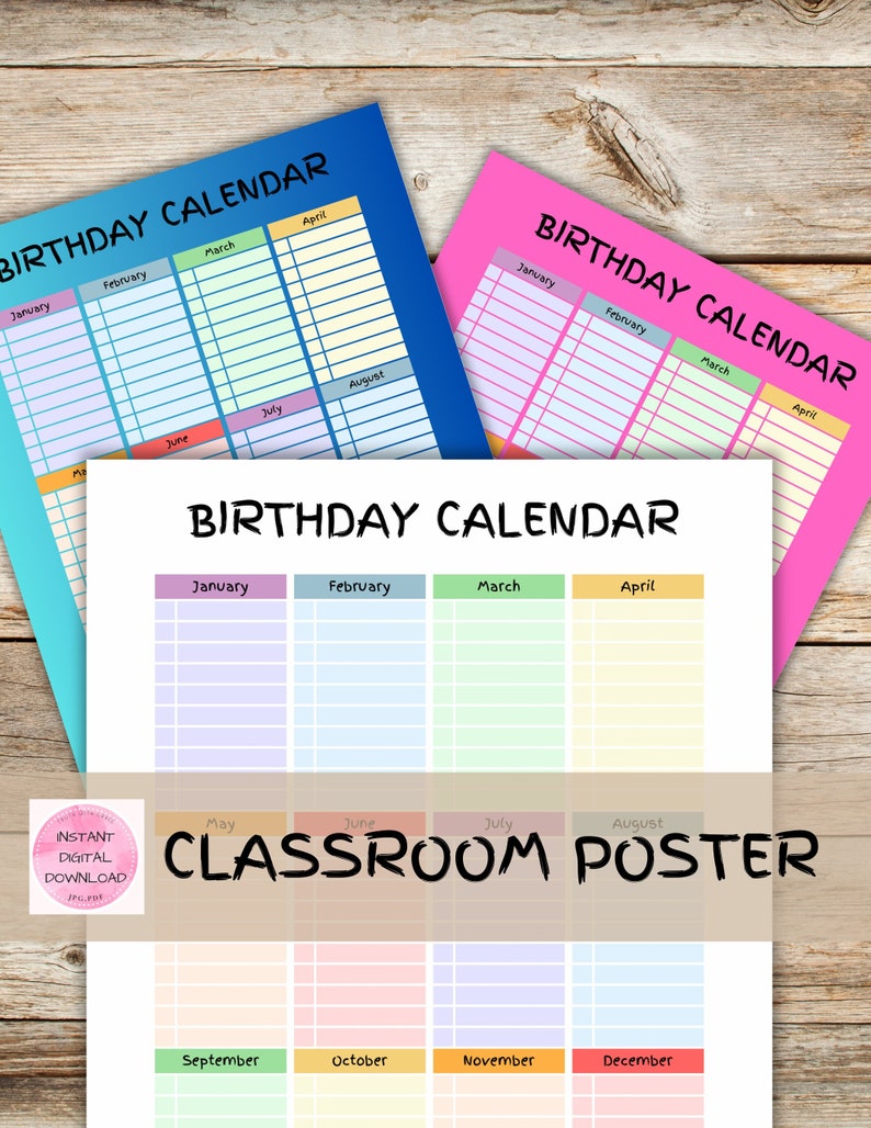 Classroom Birthday Calendar Poster: Colorful Event Tracker (digital ...