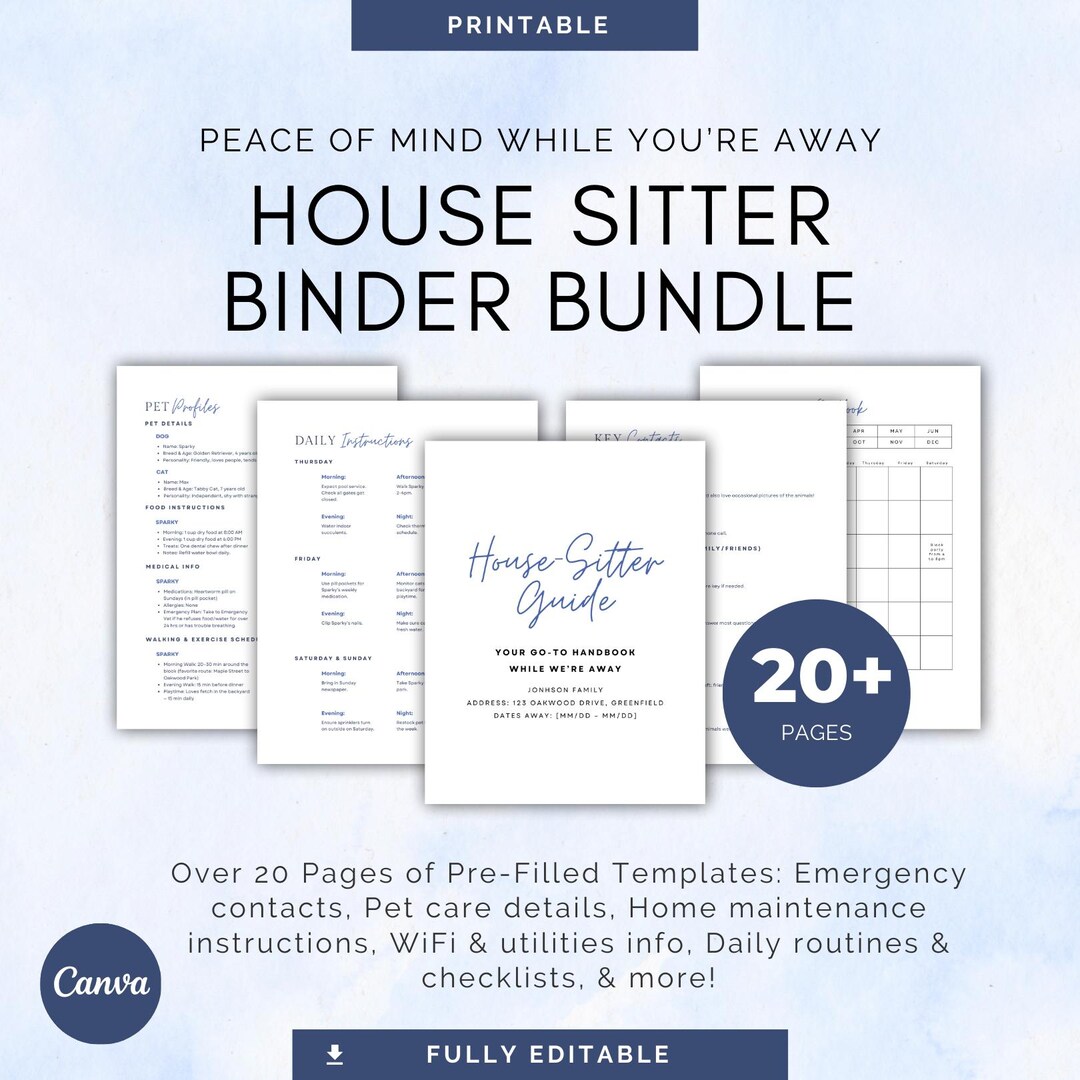 House Sitter Binder Printable Bundle | 20+ Editable Pages | Pet & Plant ...