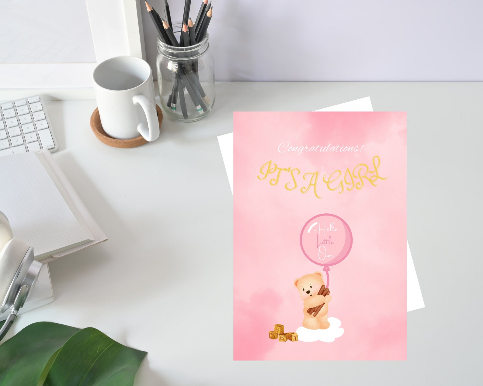 Cute Teddy Bear Card, New Baby Girl Card, Printable It's a Girl Card ...
