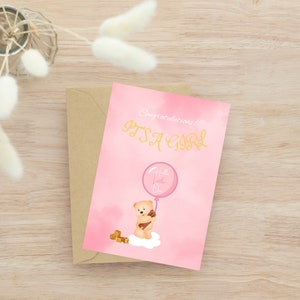 Cute Teddy Bear Card, New Baby Girl Card, Printable It's a Girl Card ...