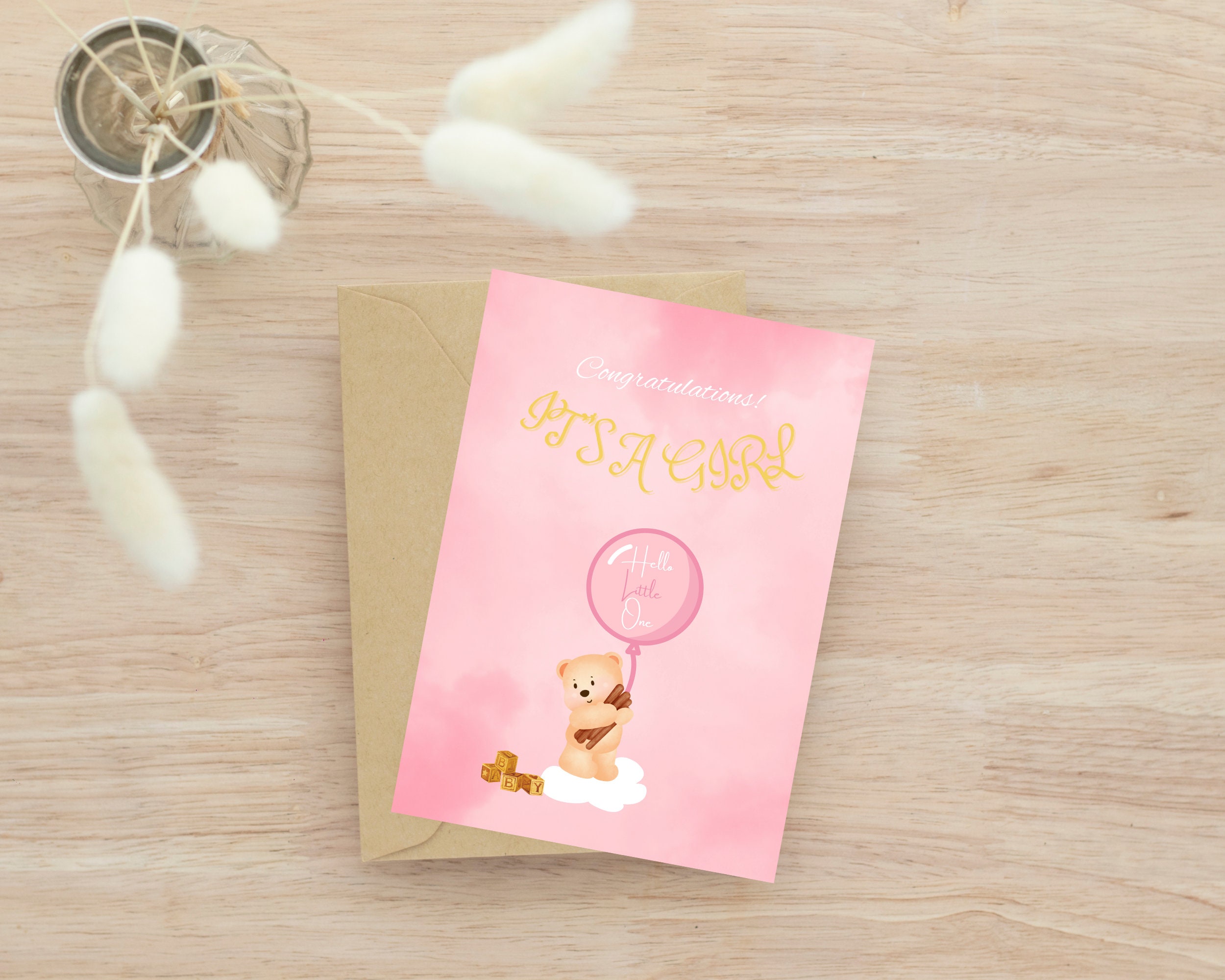 Cute Teddy Bear Card, New Baby Girl Card, Printable It's a Girl Card ...