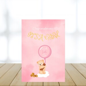 Cute Teddy Bear Card, New Baby Girl Card, Printable It's a Girl Card ...