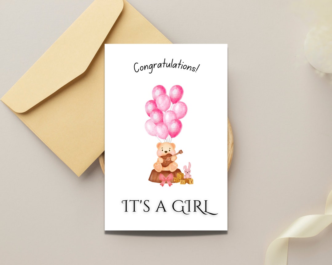 Cute Teddy Bear Card New Baby Girl Card Printable It's a - Etsy