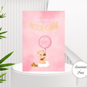 Cute Teddy Bear Card, New Baby Girl Card, Printable It's a Girl Card ...