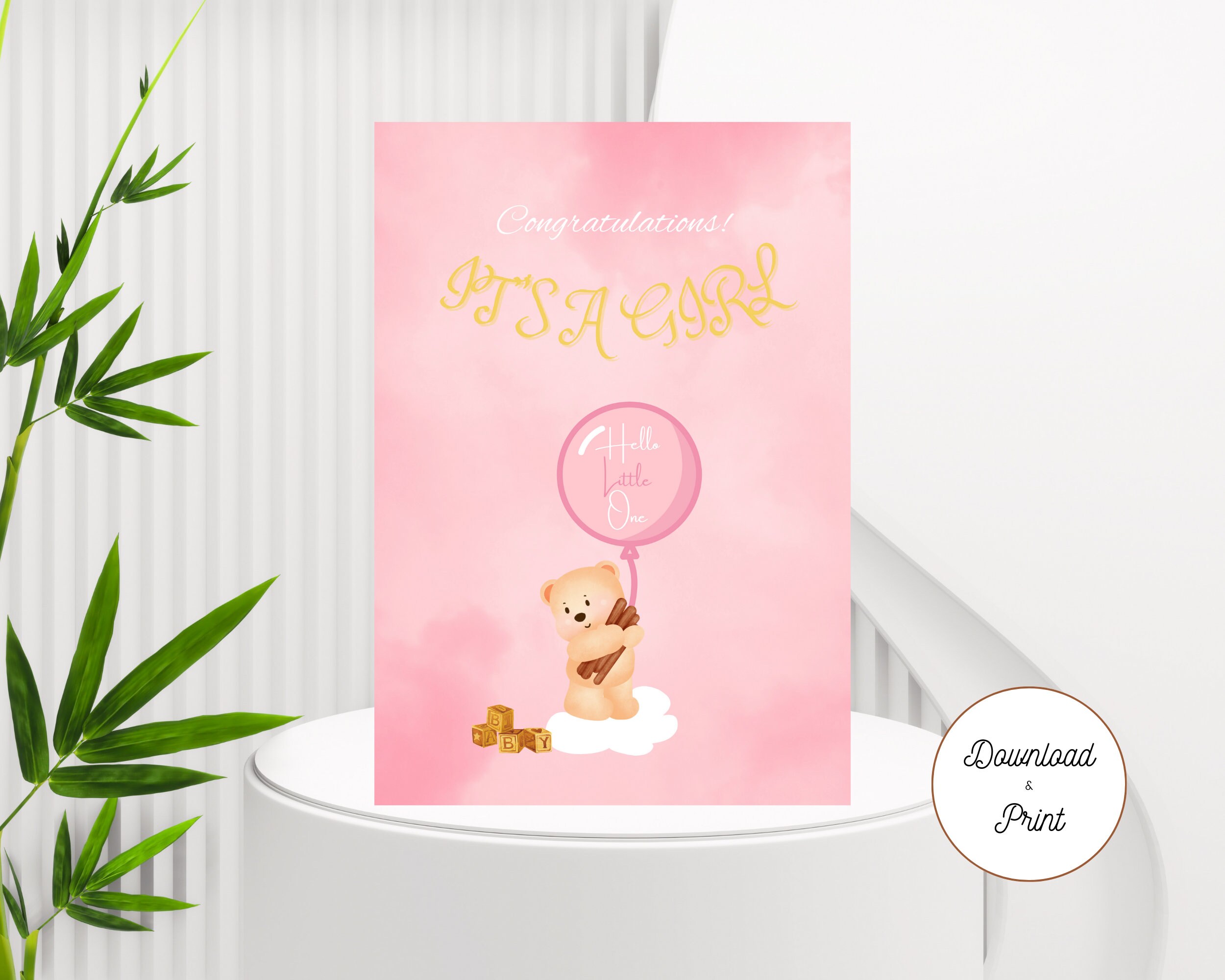 Cute Teddy Bear Card, New Baby Girl Card, Printable It's a Girl Card ...