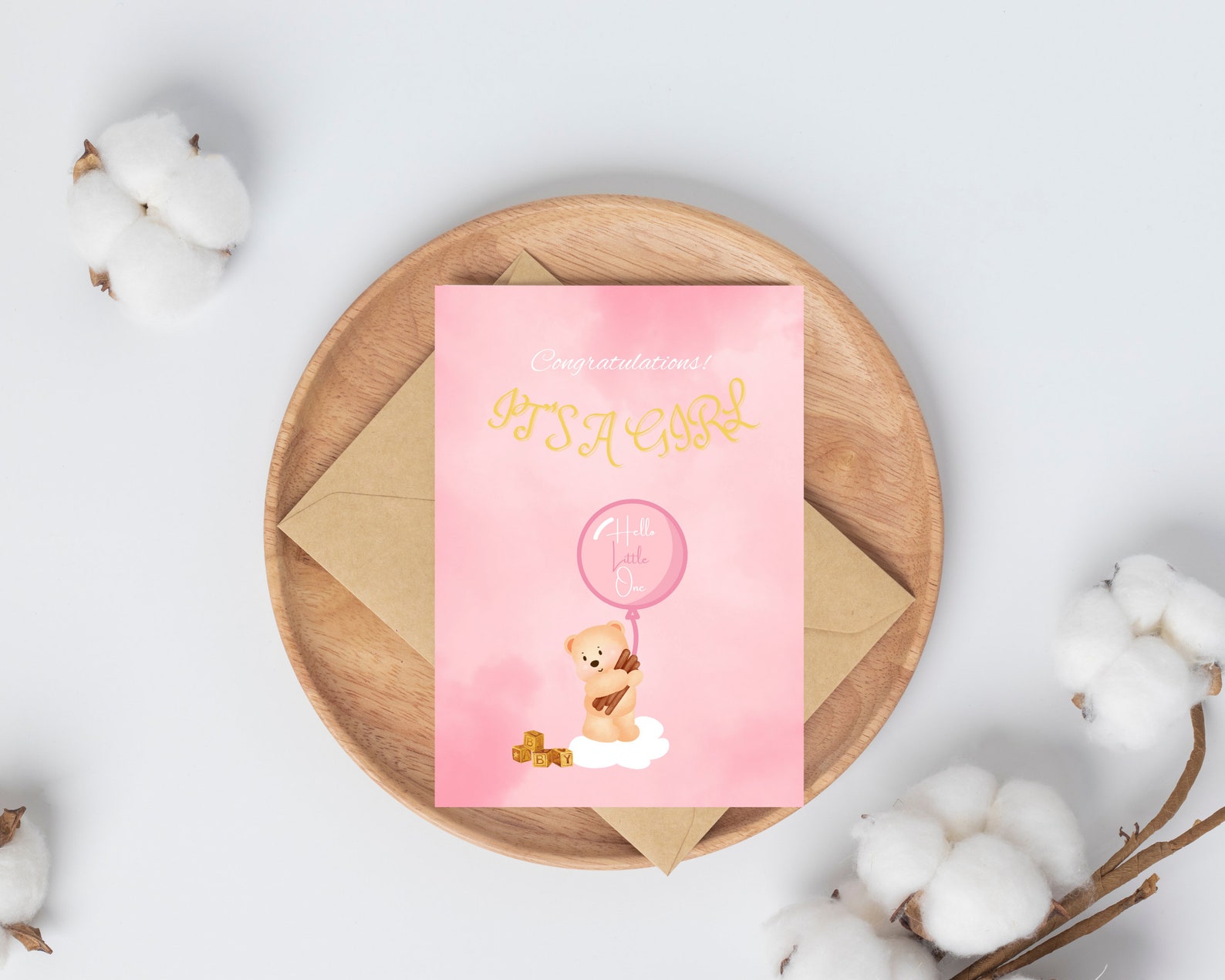 Cute Teddy Bear Card, New Baby Girl Card, Printable It's a Girl Card ...
