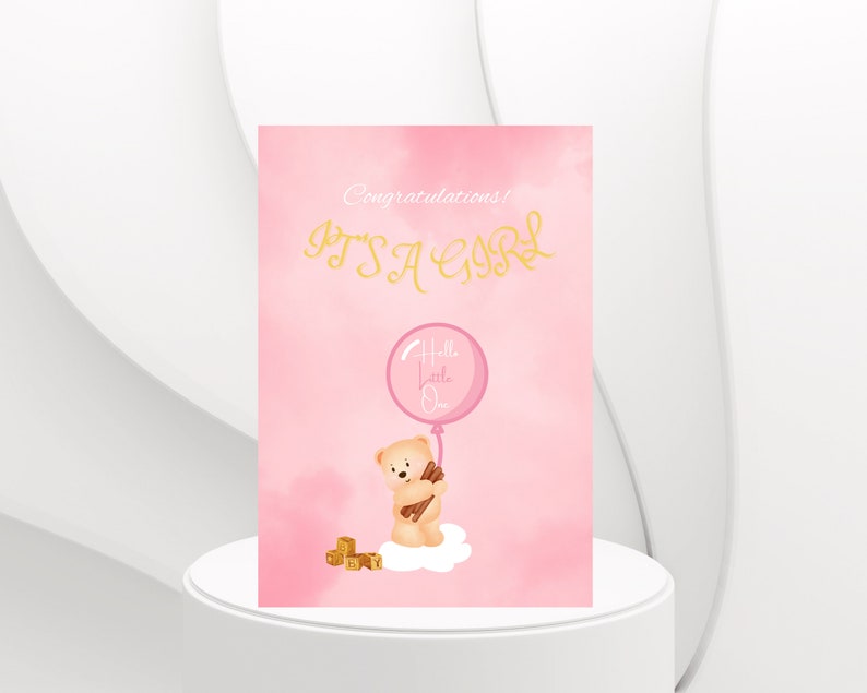 Cute Teddy Bear Card, New Baby Girl Card, Printable It's a Girl Card ...