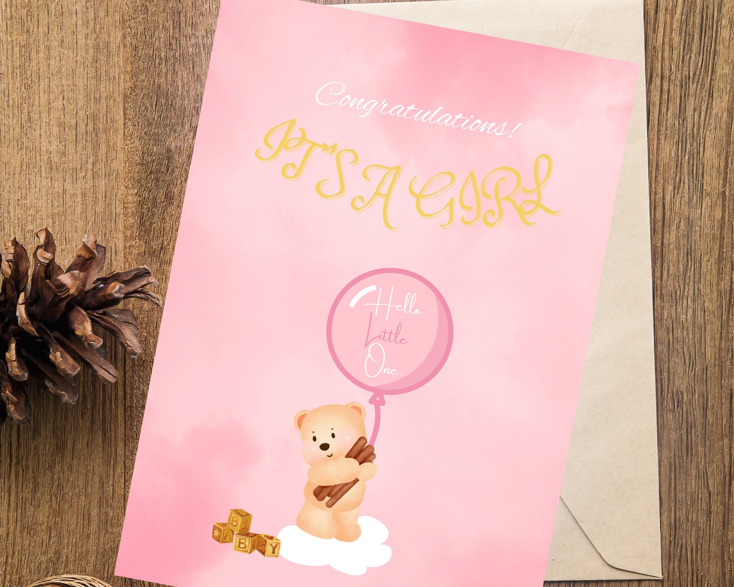 Cute Teddy Bear Card, New Baby Girl Card, Printable It's a Girl Card ...