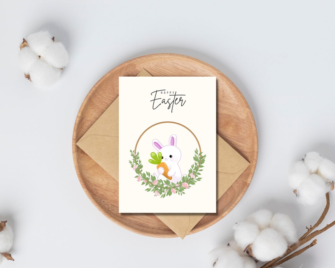 Printable Easter Bunny Card, Happy Easter Bunny Holding a Carrot, Bunny ...