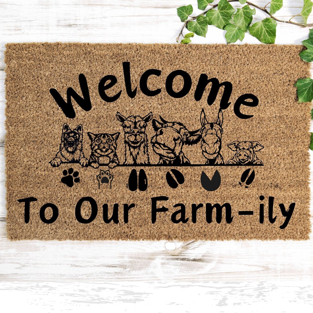 Welcome to Our Farm-ily Farm Welcome Mat, Cute Dog Cat Llama Cow Donkey ...