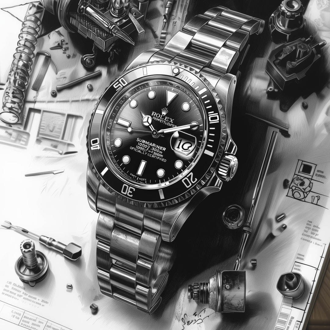 001 Photorealistic Sketch of Rolex Submariner Watch Detailed Black-and ...