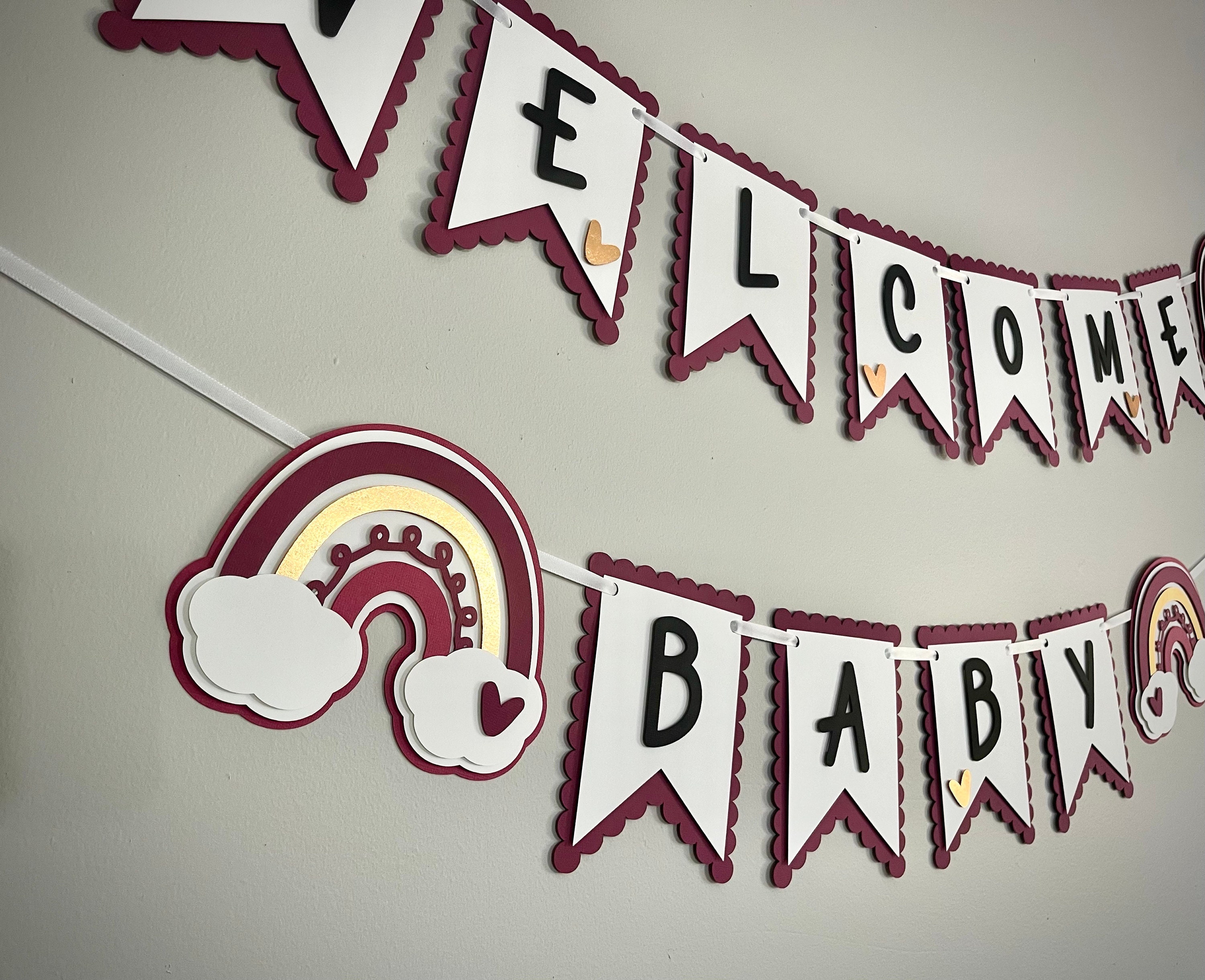 Boho Rainbow Baby Shower Banner. Welcome Baby. Pink Purple Rose Gold ...