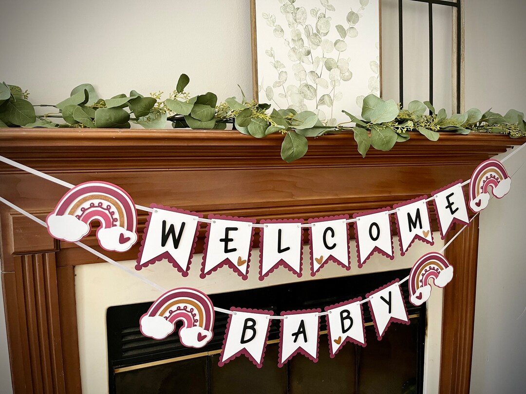 Boho Rainbow Baby Shower Banner. Welcome Baby. Pink Purple Rose Gold ...