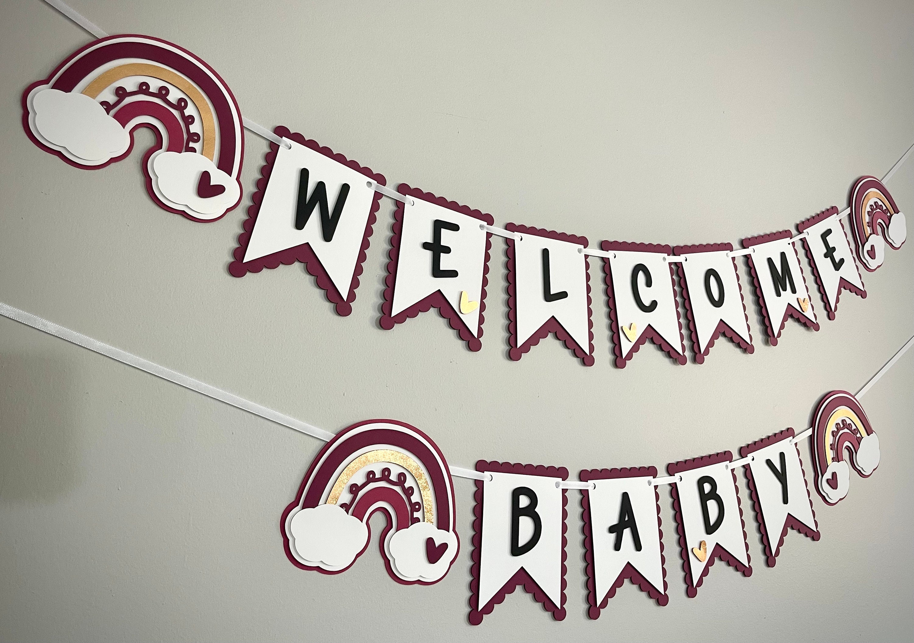 Boho Rainbow Baby Shower Banner. Welcome Baby. Pink Purple Rose Gold ...