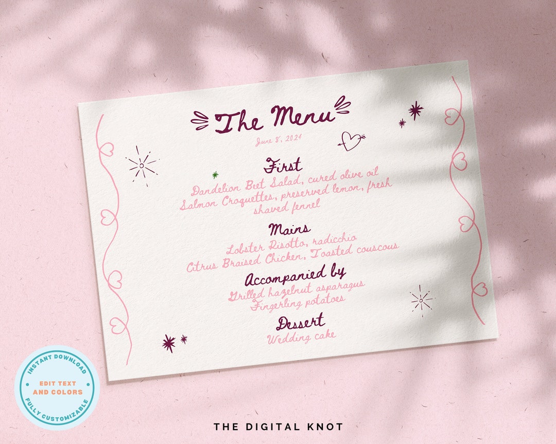 Whimsical Menu Template Wedding Menu Template Funky Menu Hand Drawn ...