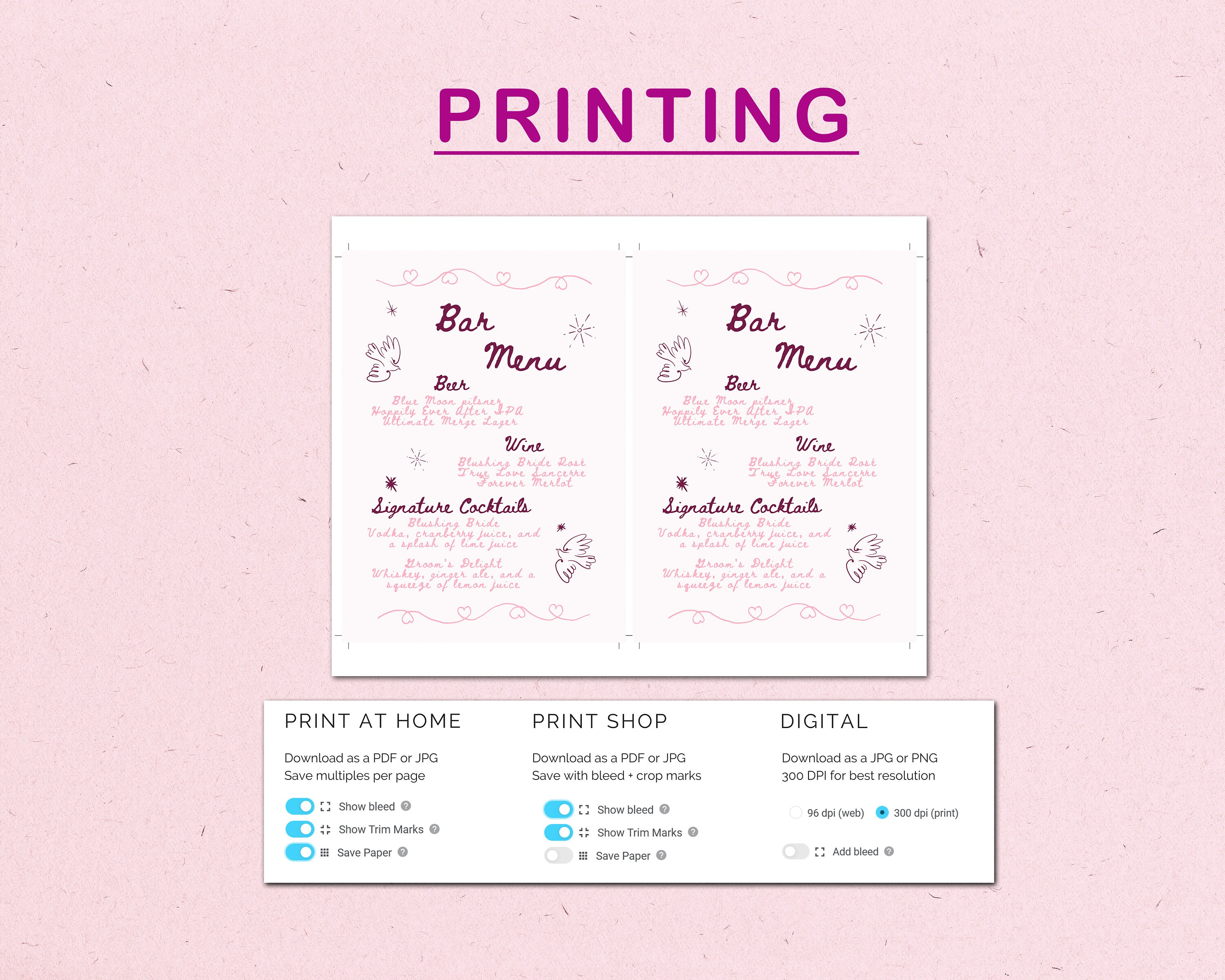 Whimsical Bar Menu Template Wedding Bar Menu Template Signature Drinks ...