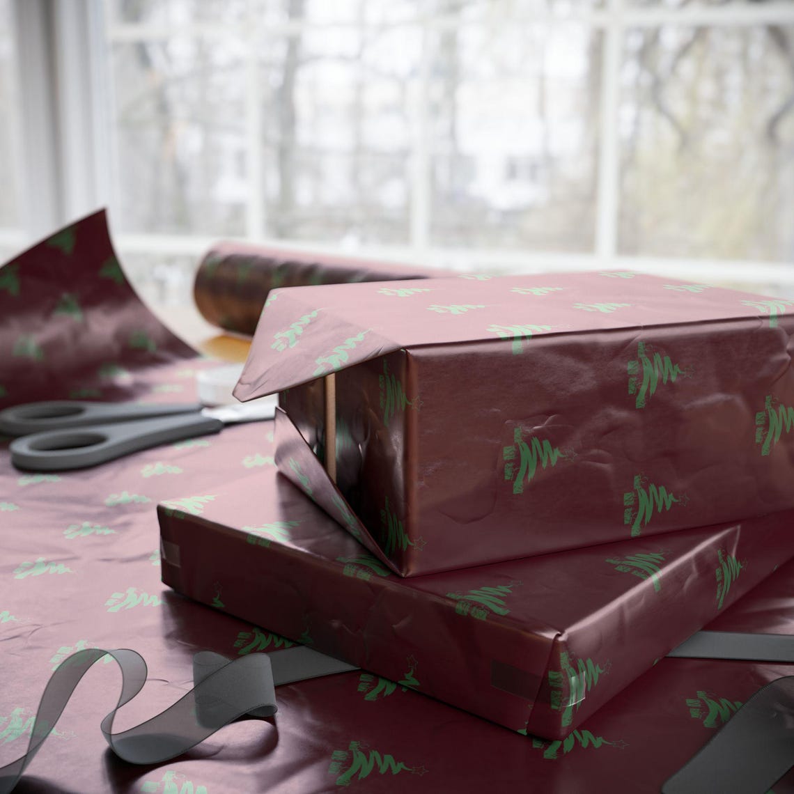 Christmas Custom Wrapping Paper, Wine Red and Green Wrapping Paper, Red ...