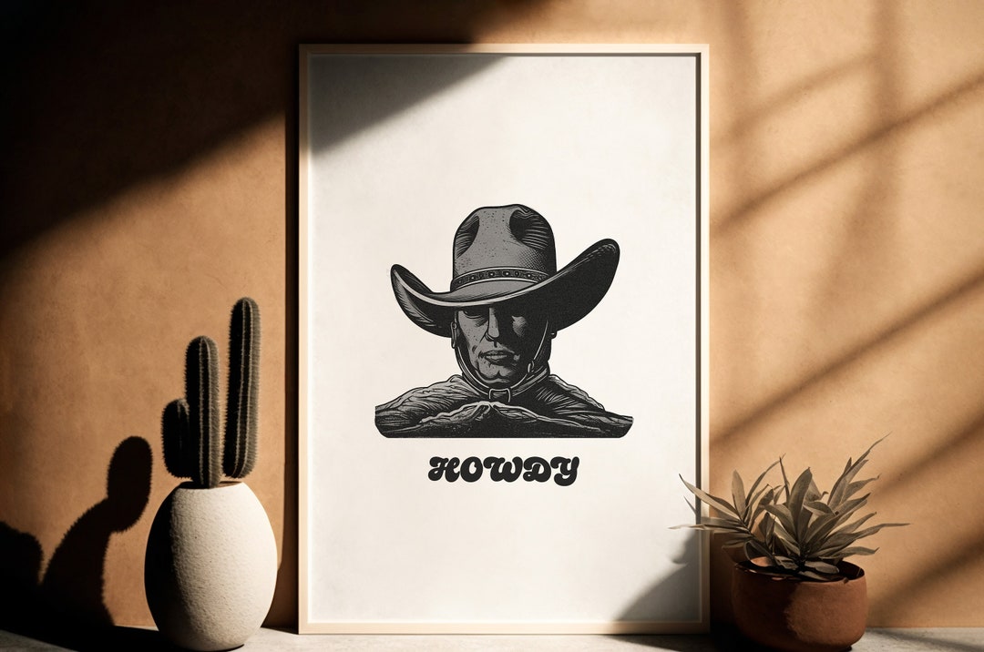 Howdy Cowboy Wall Art, Black and White Illustration, Printable Art ...