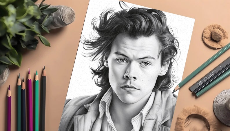 Harry Styles Printable Coloring Page Greyscale Celebrity Coloring Book ...