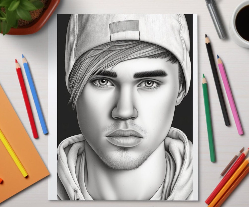 Justin Bieber • Coloring Page for Adults • Grayscale Coloring Page ...