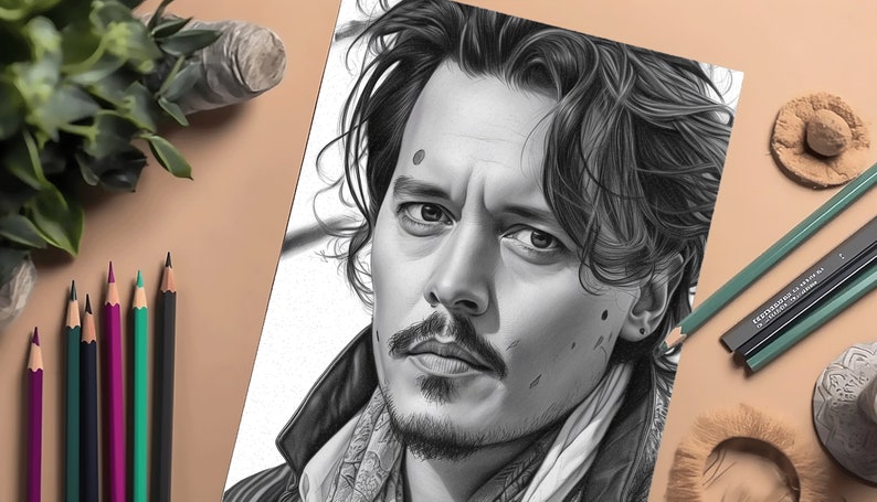 Johnny Depp Printable Coloring Page Greyscale Celebrity - Etsy