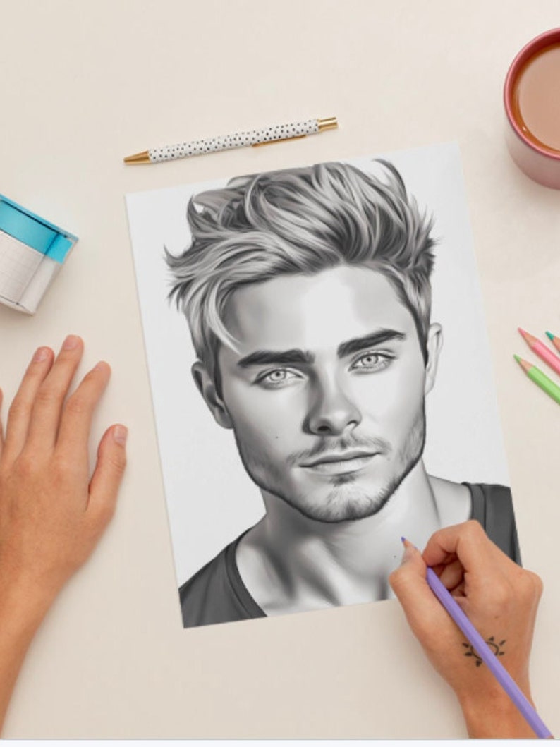 Zac Efron • Coloring Page for Adults and Kids • Grayscale Coloring Page ...
