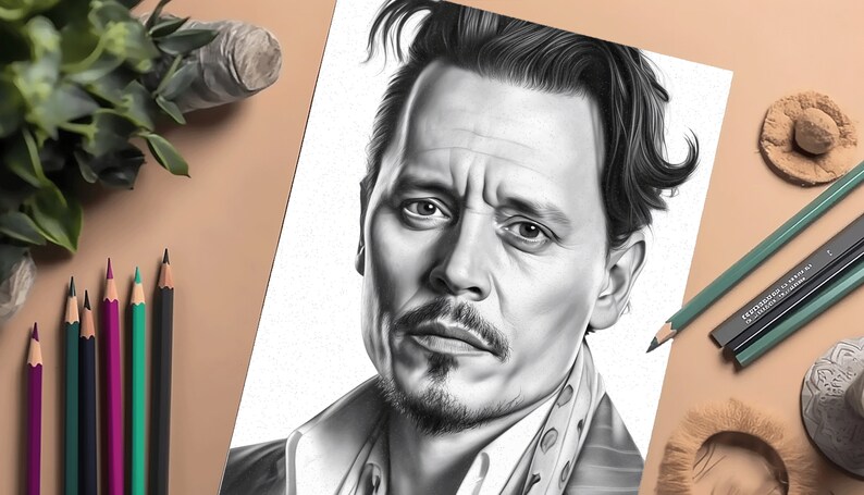 Johnny Depp Printable Coloring Page Greyscale Celebrity Coloring Book ...