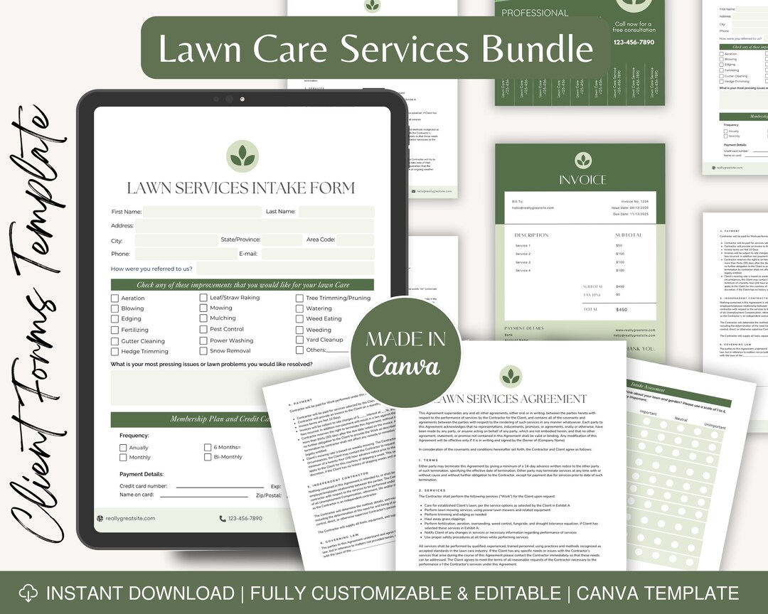 Lawn Care Service Forms Template, Editable Agreement, Intake, Invoice ...