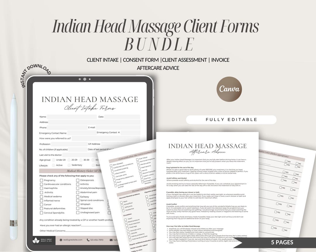 Indian Head Massage Client Forms Bundle (editable Canva Template) - Etsy