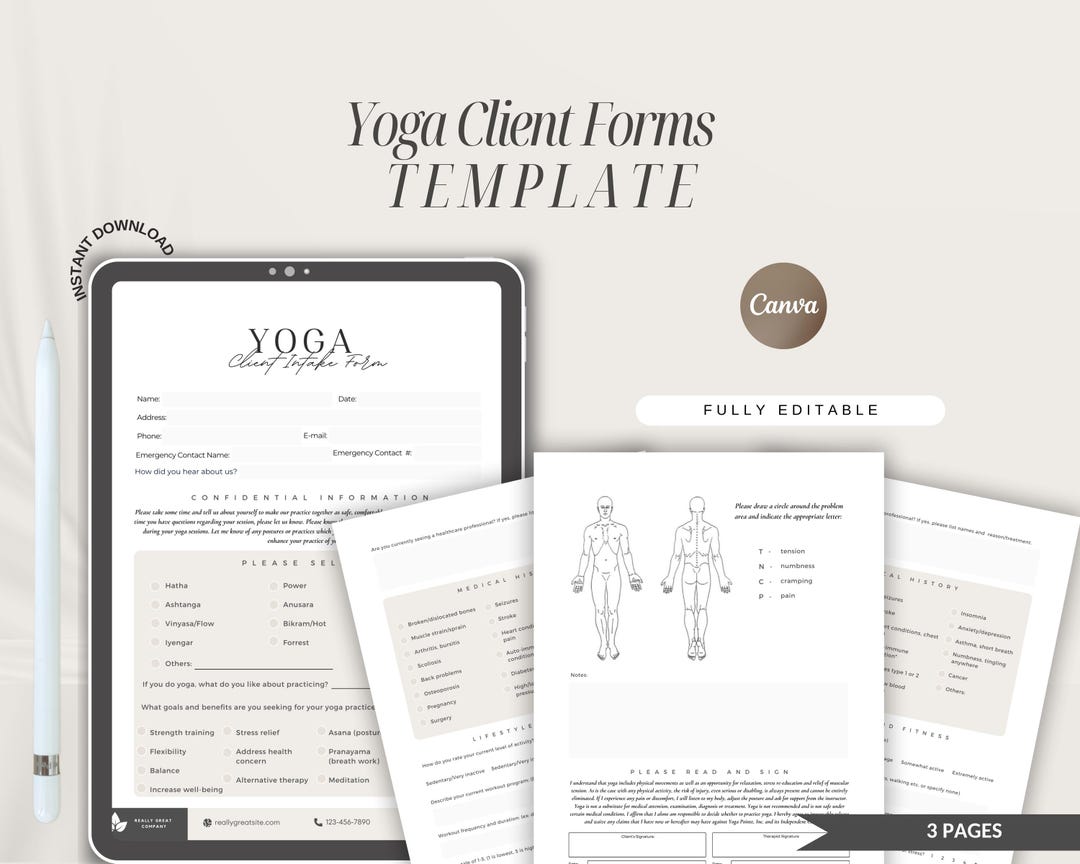 Yoga Therapy Consultation Form | Yoga Teacher Forms | Editable Yoga ...