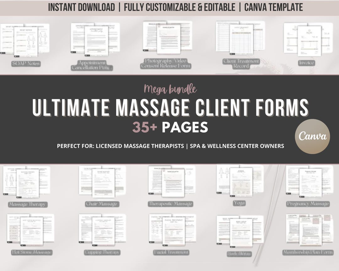 Editable Massage Therapy Forms Bundle, Spa Business Templates (canva ...
