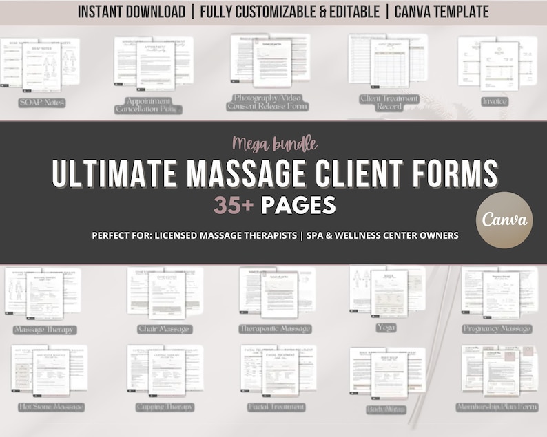 Editable Massage Therapy Forms Bundle, Spa Business Templates (canva ...