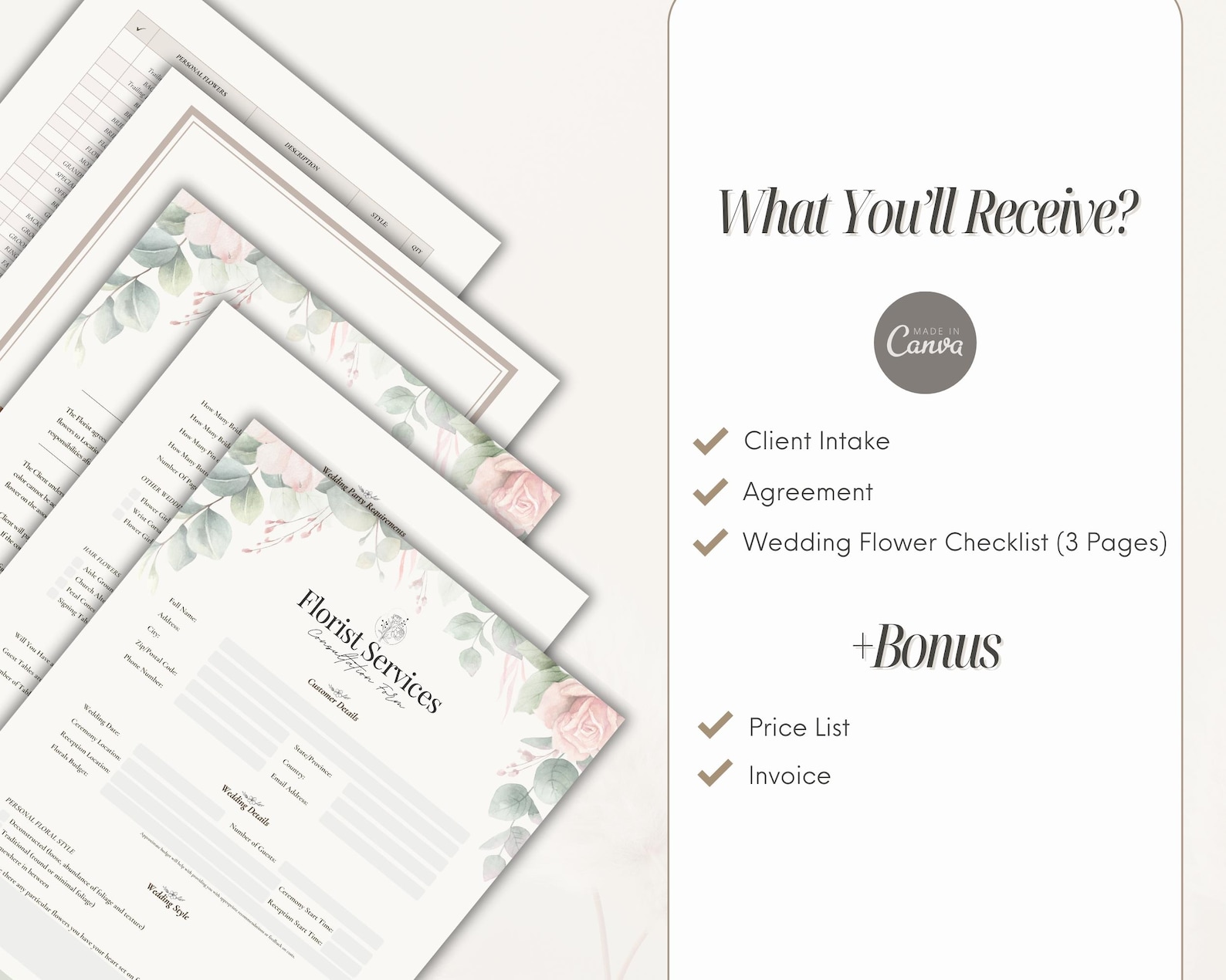 Florist Wedding Form Bundle | Client Intake, Agreement (canva Template ...
