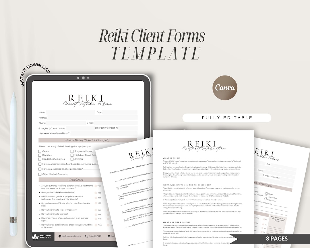 Editable Reiki Client Forms, Intake and Consent (canva Template) - Etsy