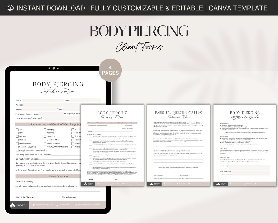 Editable Body Piercing Consent and Aftercare Form for Business Intakes ...