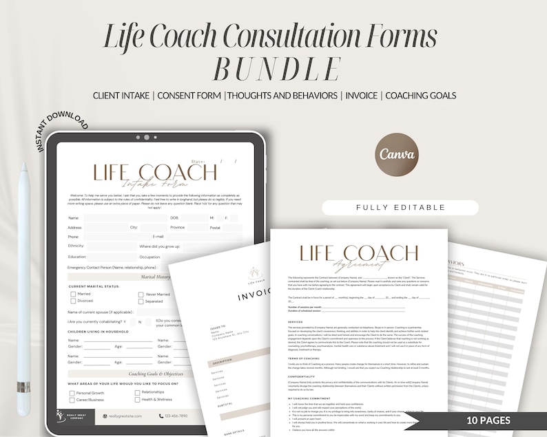 Editable Life Coach Forms Bundle, Client Intake, Consent (canva ...