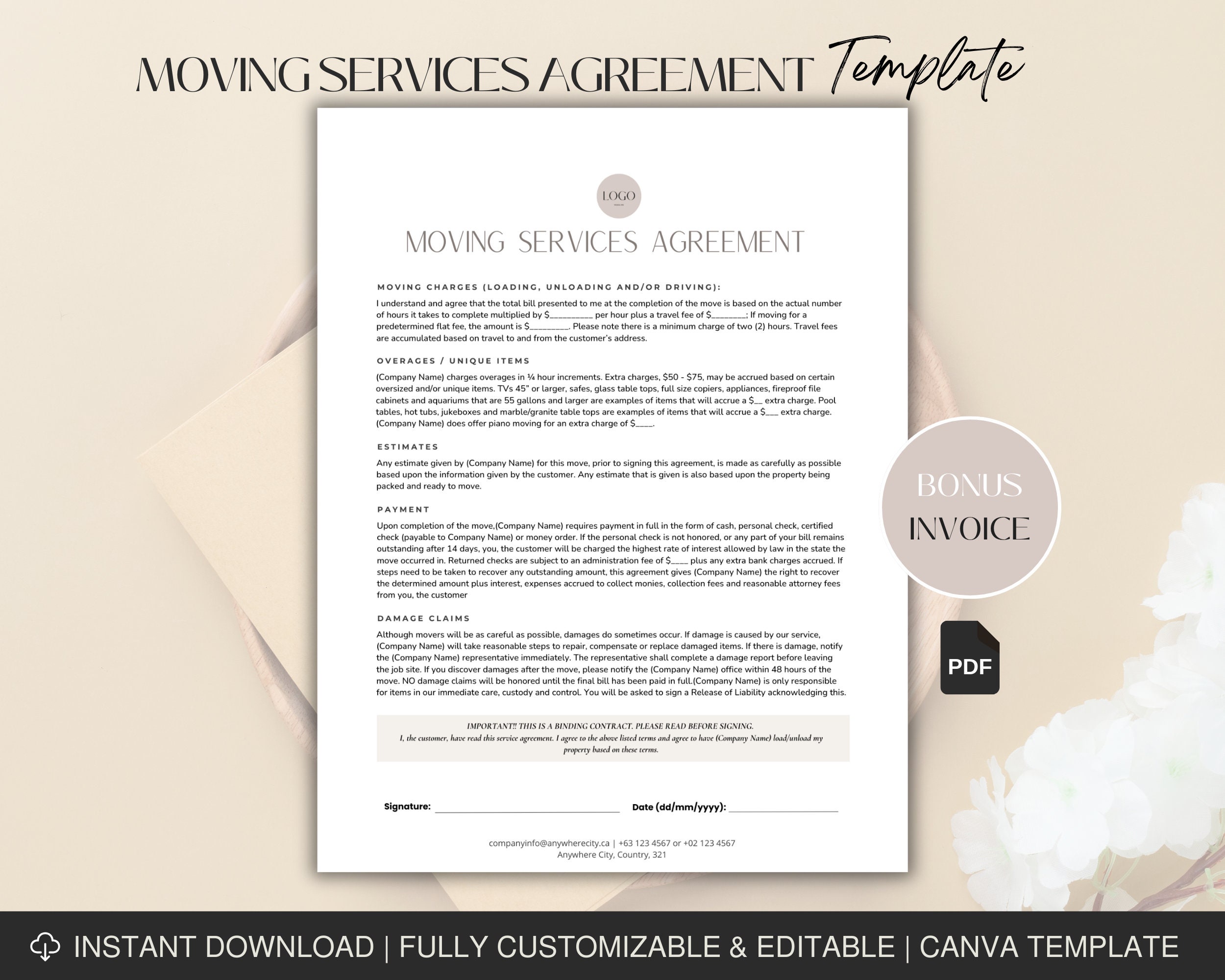 Moving Services Contract Template, Editable Agreement (PDF) - Etsy