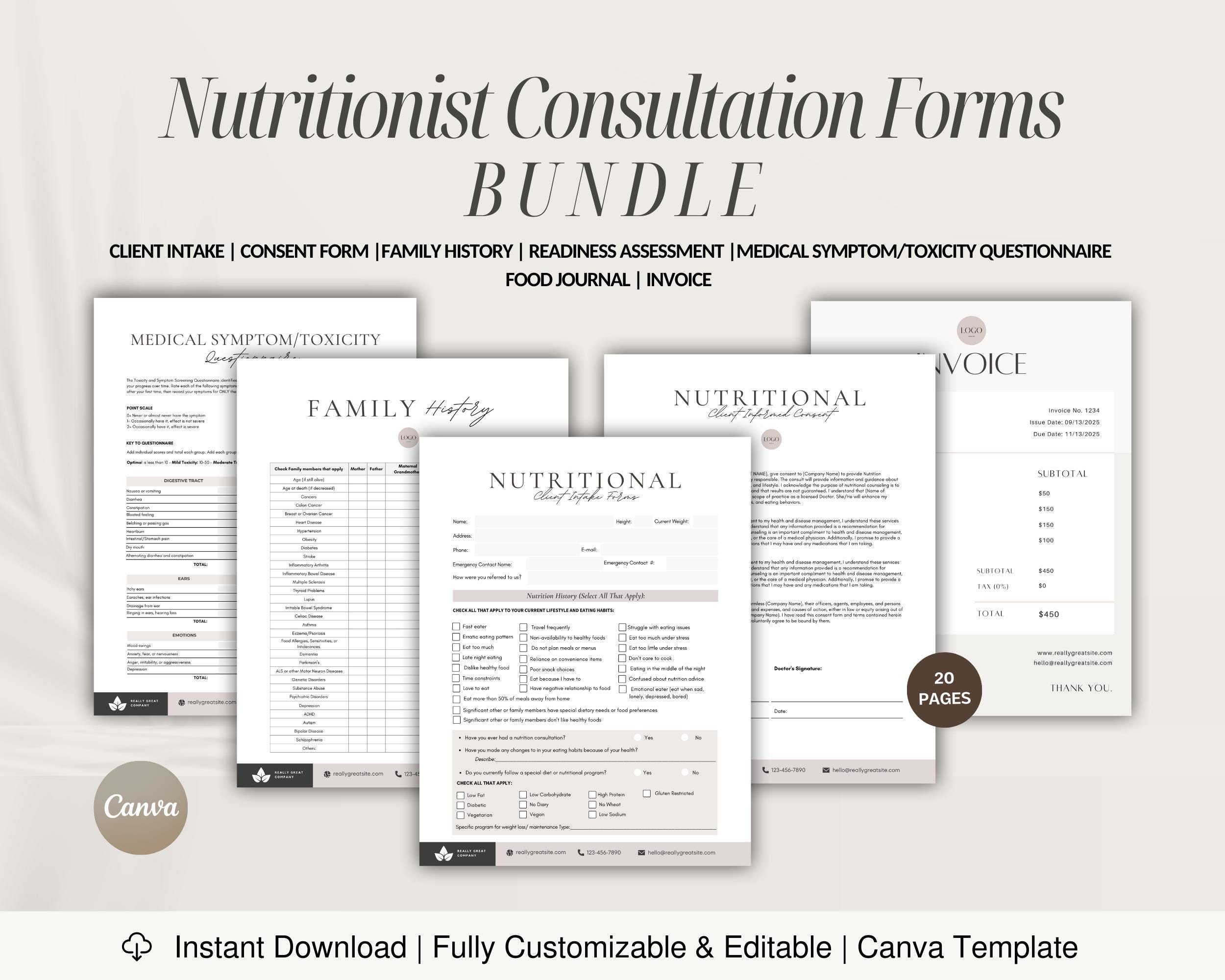 Nutritionist Consultation Forms Bundle, Client Intake, Canva Template ...