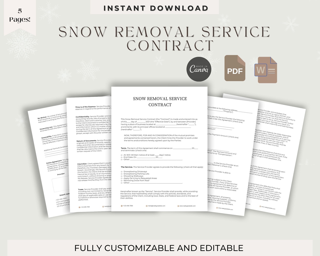 Editable Printable Snow Removal Service Contract With Snow Plowing ...