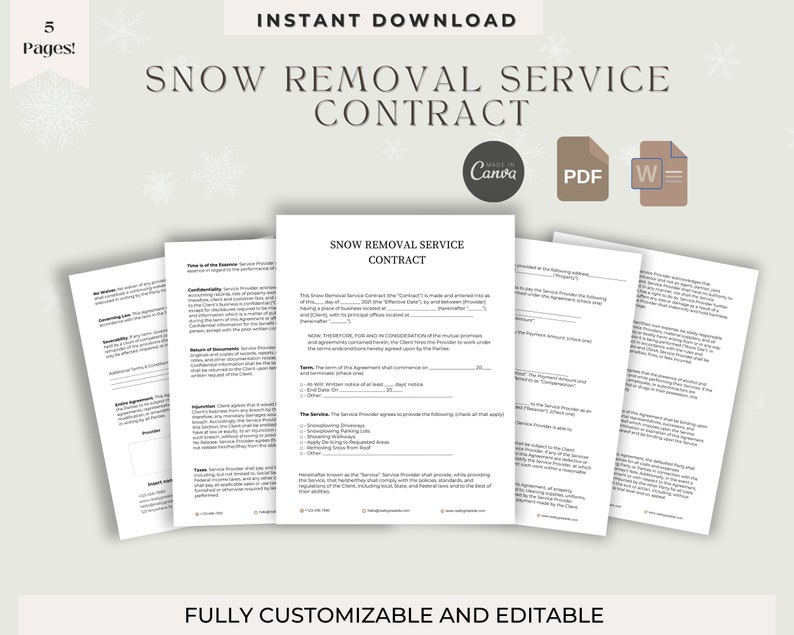 Editable Printable Snow Removal Service Contract With Snow Plowing ...