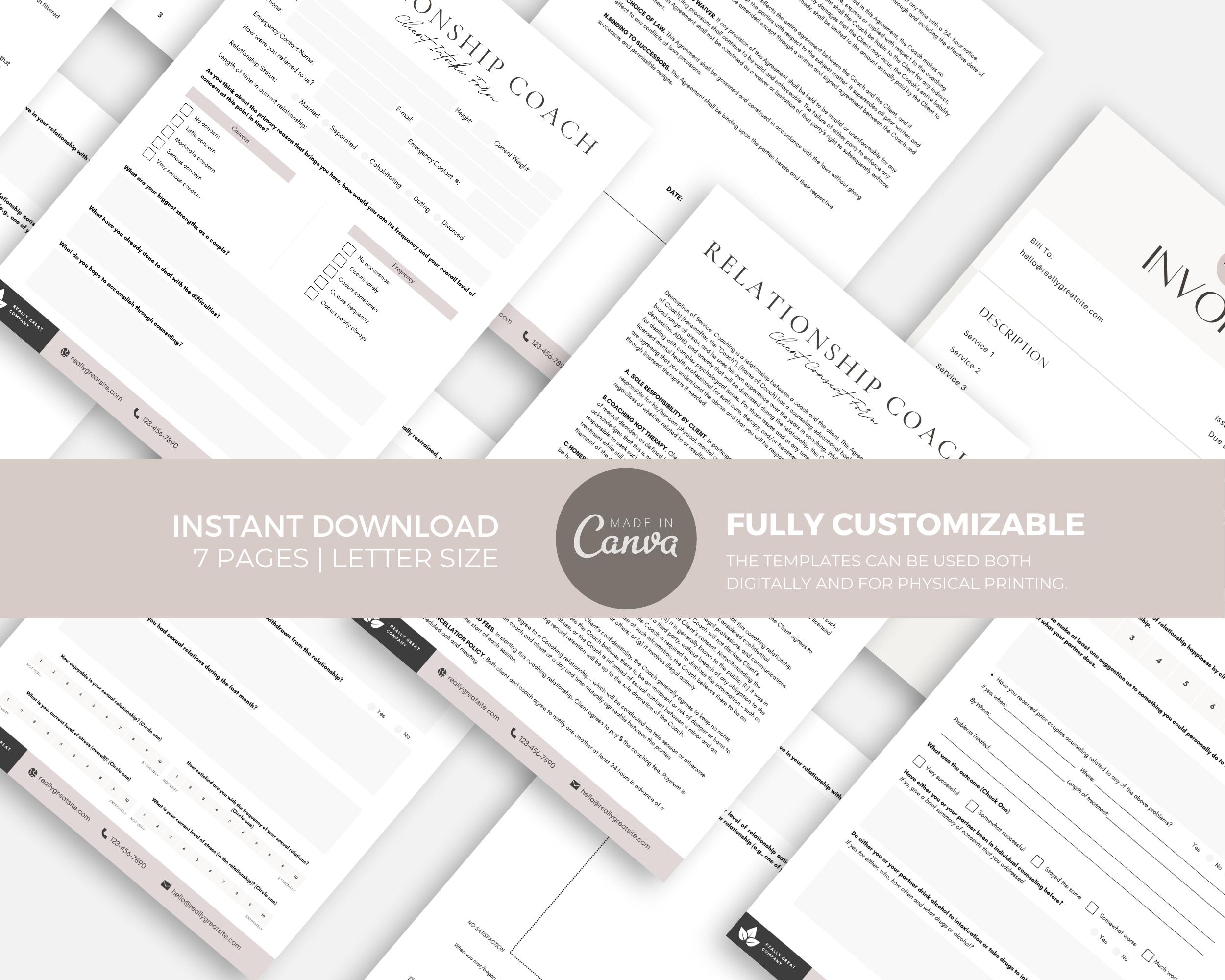 Editable Relationship Coach Client Forms, Couple Therapy Guide (CANVA ...