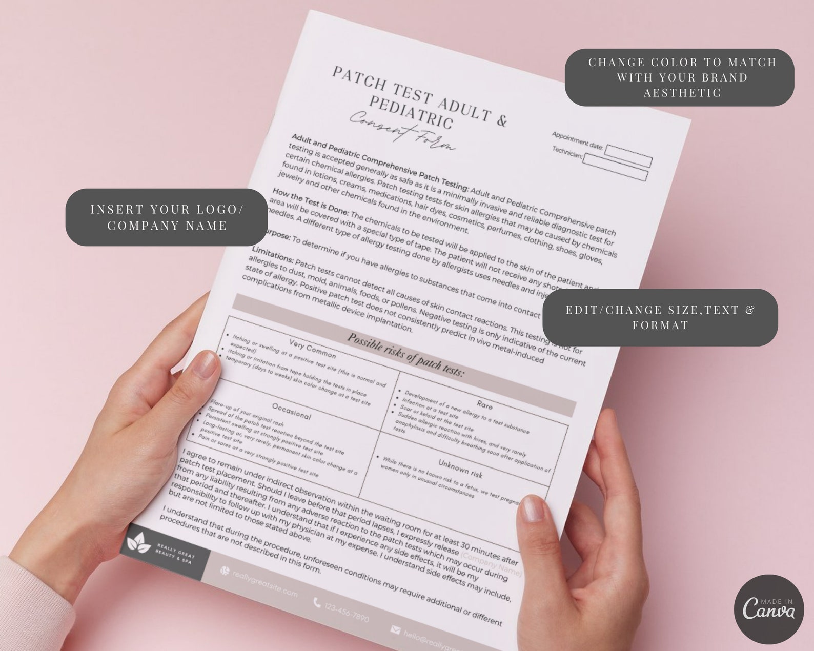 Editable Patch Test Consent Waiver Form Template for Beauty Salon ...