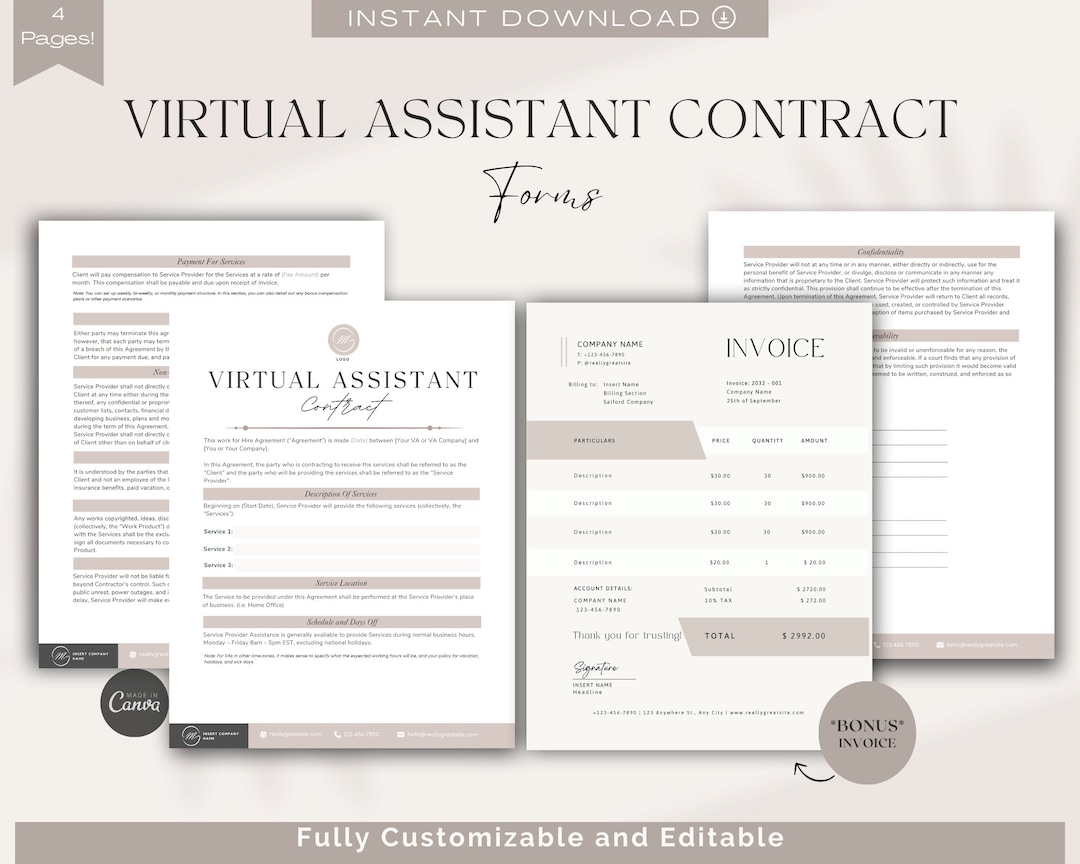 Virtual Assistant Contract Forms, Editable Templates (canva, Instant ...