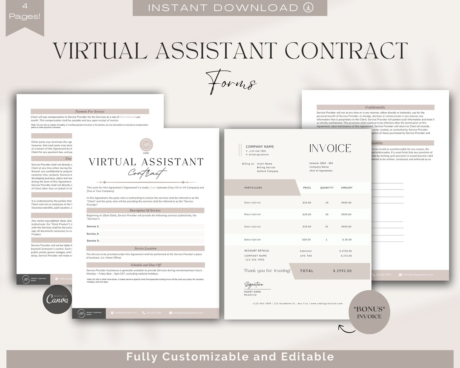 Virtual Assistant Contract Forms, Editable Templates (canva, Instant ...