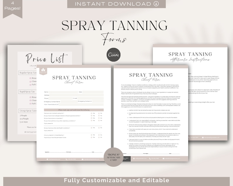 Editable Spray Tanning Consultation and Aftercare Forms,spray Tanning ...