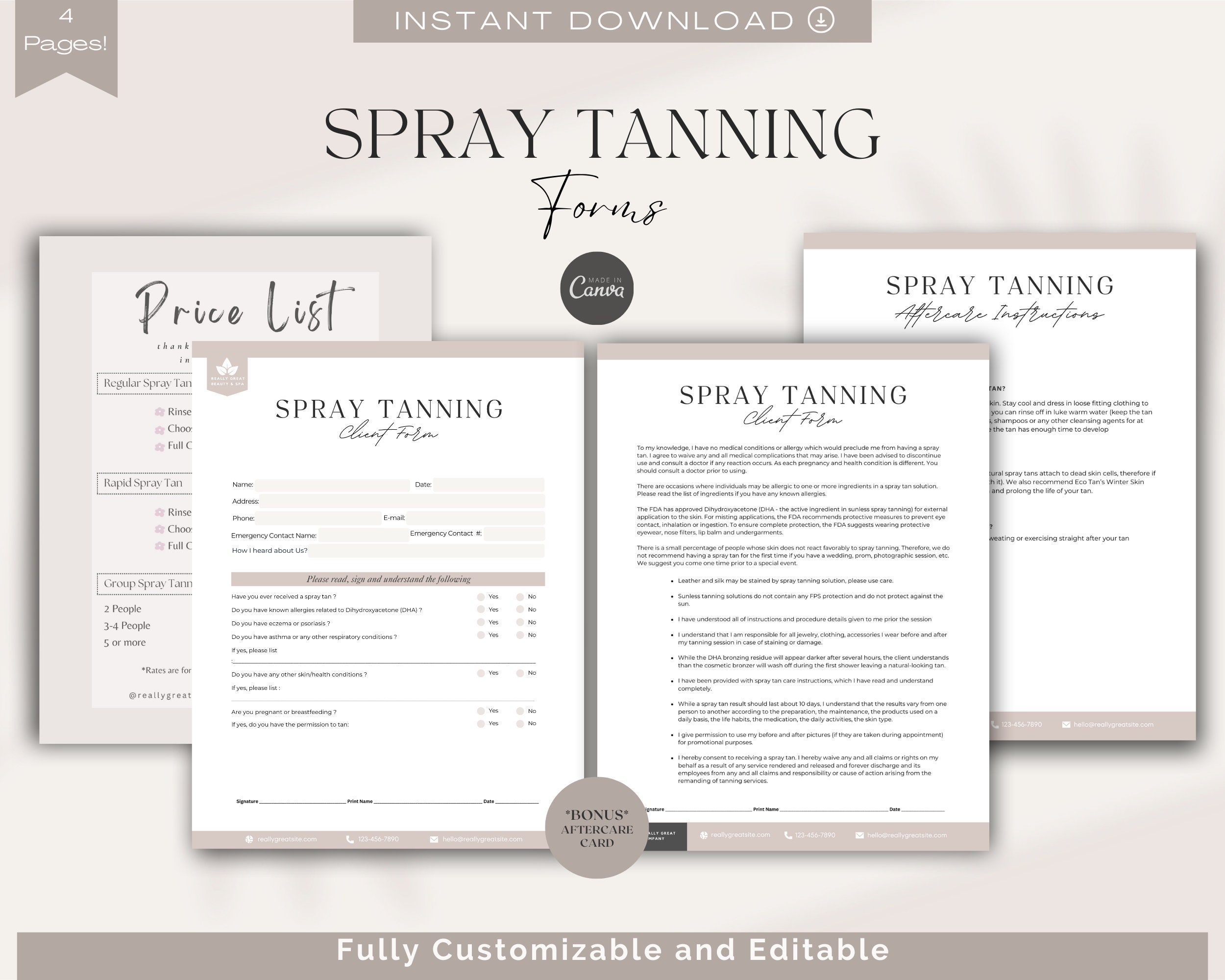 Editable Spray Tanning Consultation and Aftercare Forms for ...